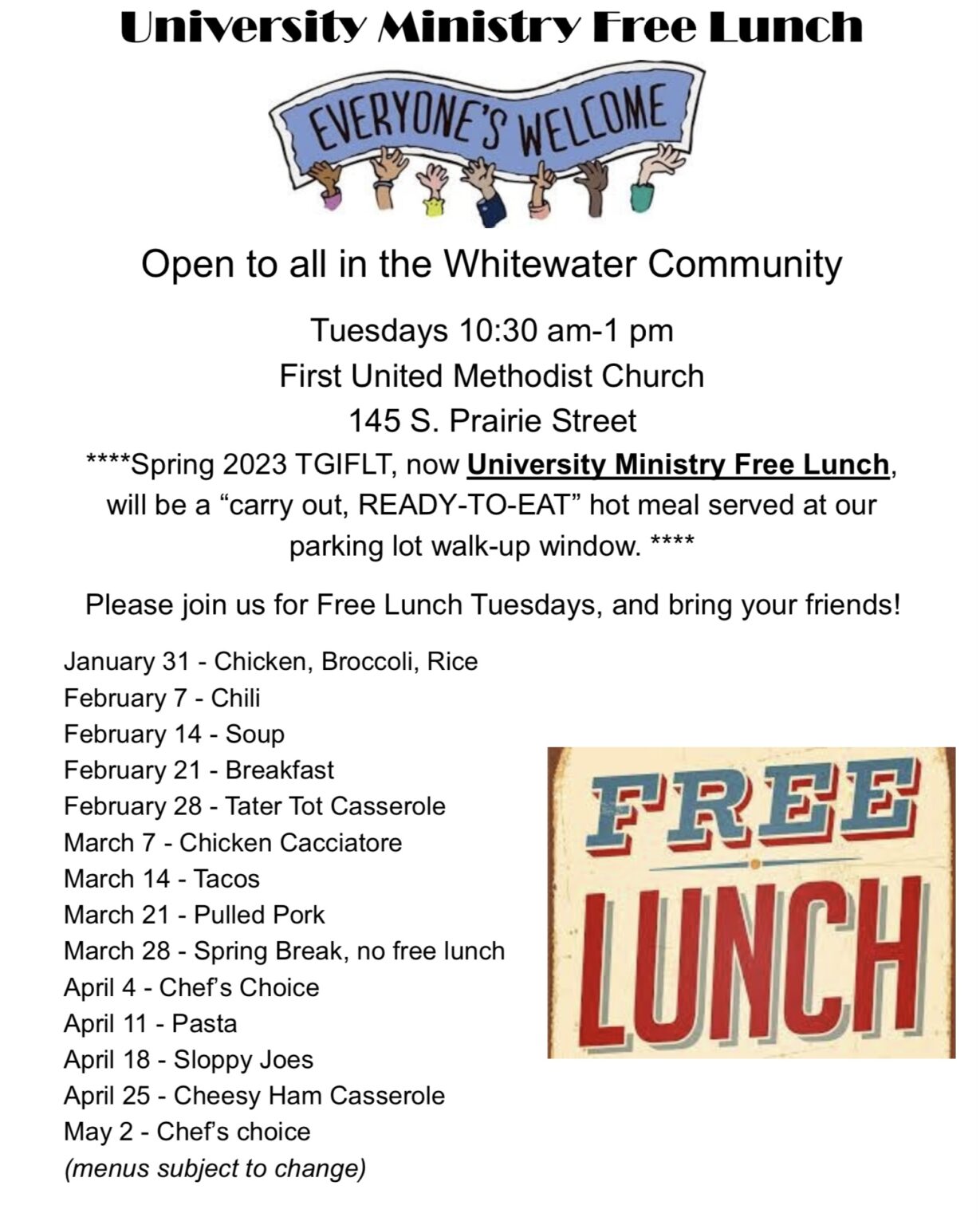 University Ministry Free Lunch open to all in the community on Tuesdays ...