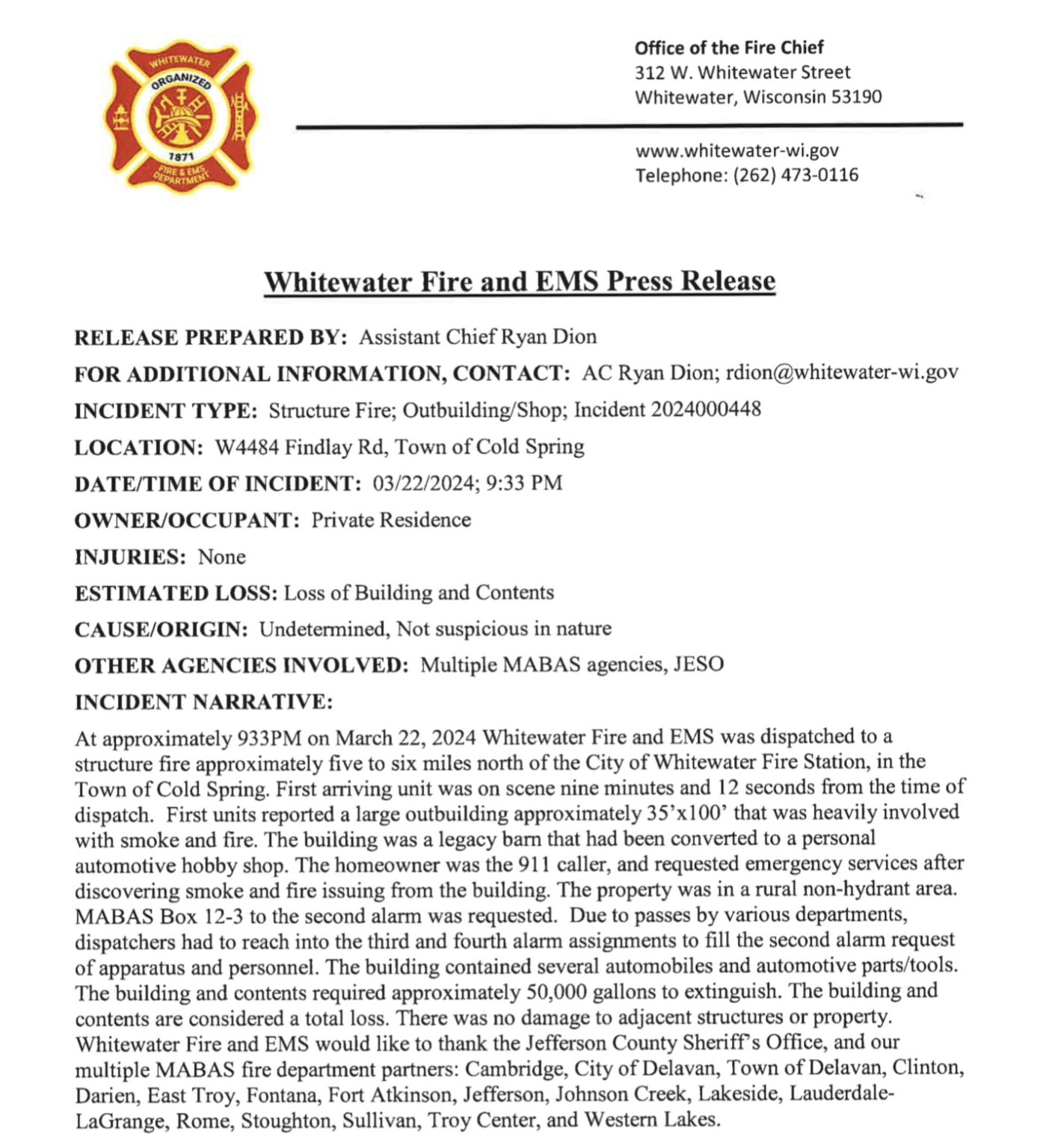 Whitewater Fire Dept.: Cold Spring Legacy Barn a Total Loss ...