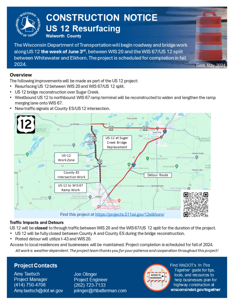 Hwy 12 Closing for Construction Beginning Thurs. Between WI 20 ...
