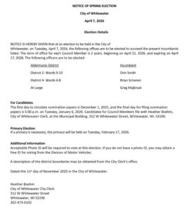 Notice of Spring Election - City of Whitewater - Whitewater Banner